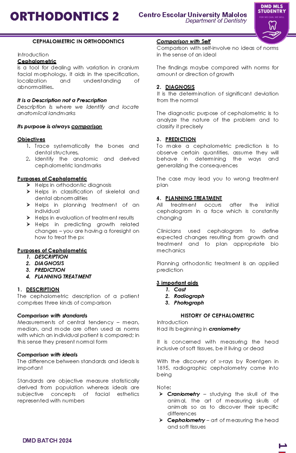 Cephalometrics - Ortho - DMD BATCH 2024 ORTHODONTICS 2 Department of ...