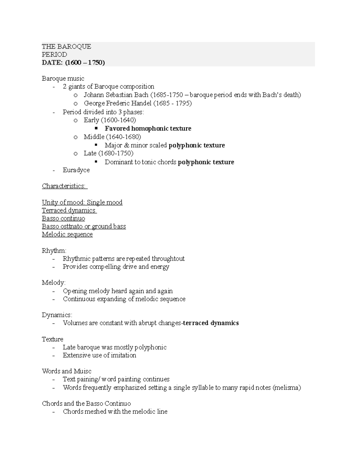 Music Exam 3 - THE BAROQUE PERIOD DATE: (1600 – 1750) Baroque music - 2 ...