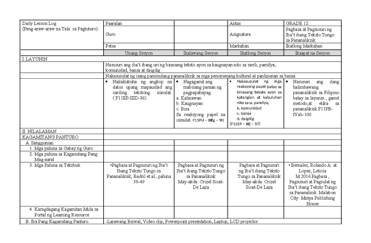 Pagbasa grade 11 - Daily Lesson Log (Pang-araw-araw na Tala sa ...