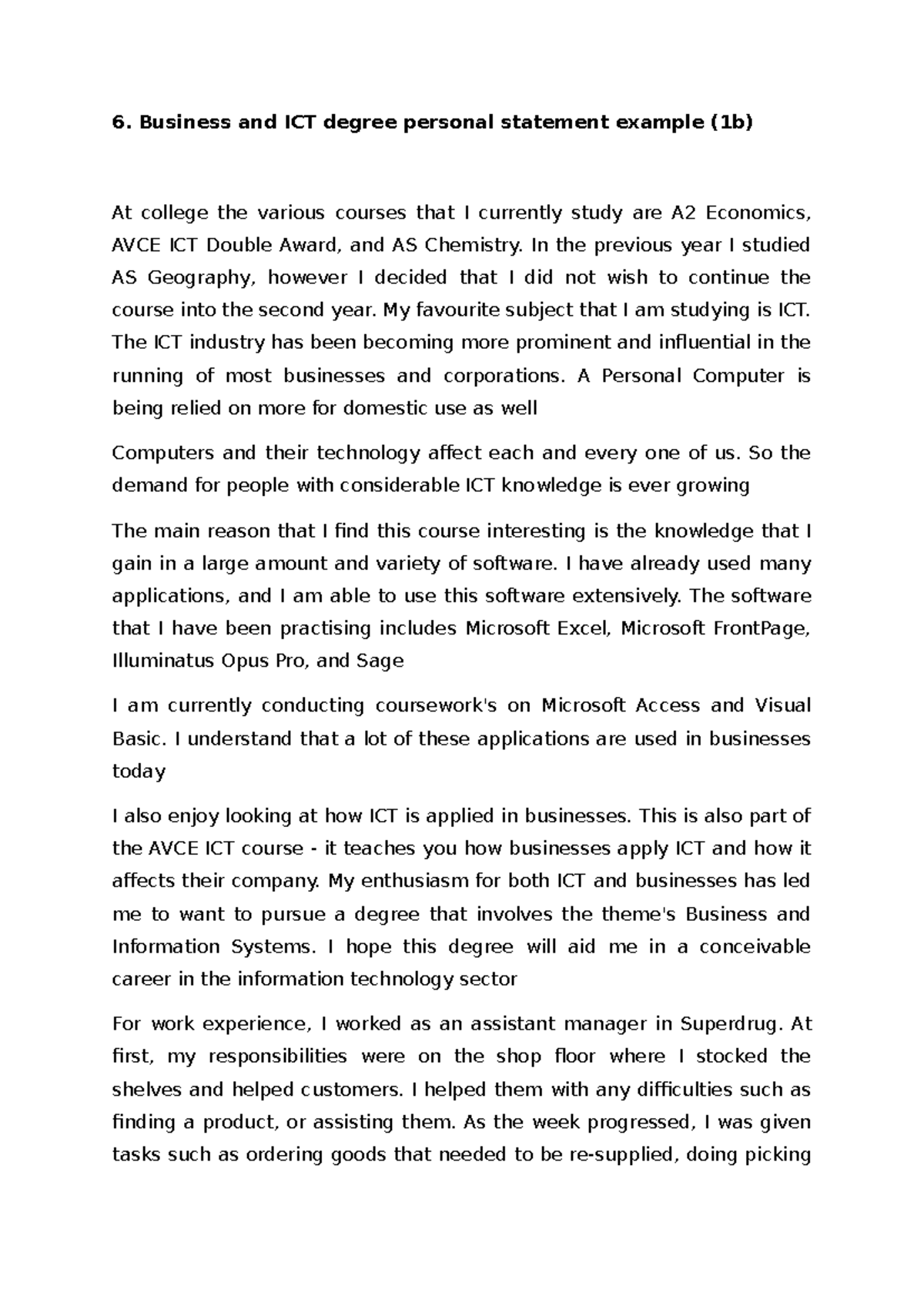 6. Business and ICT degree personal statement example (1b) - In the ...