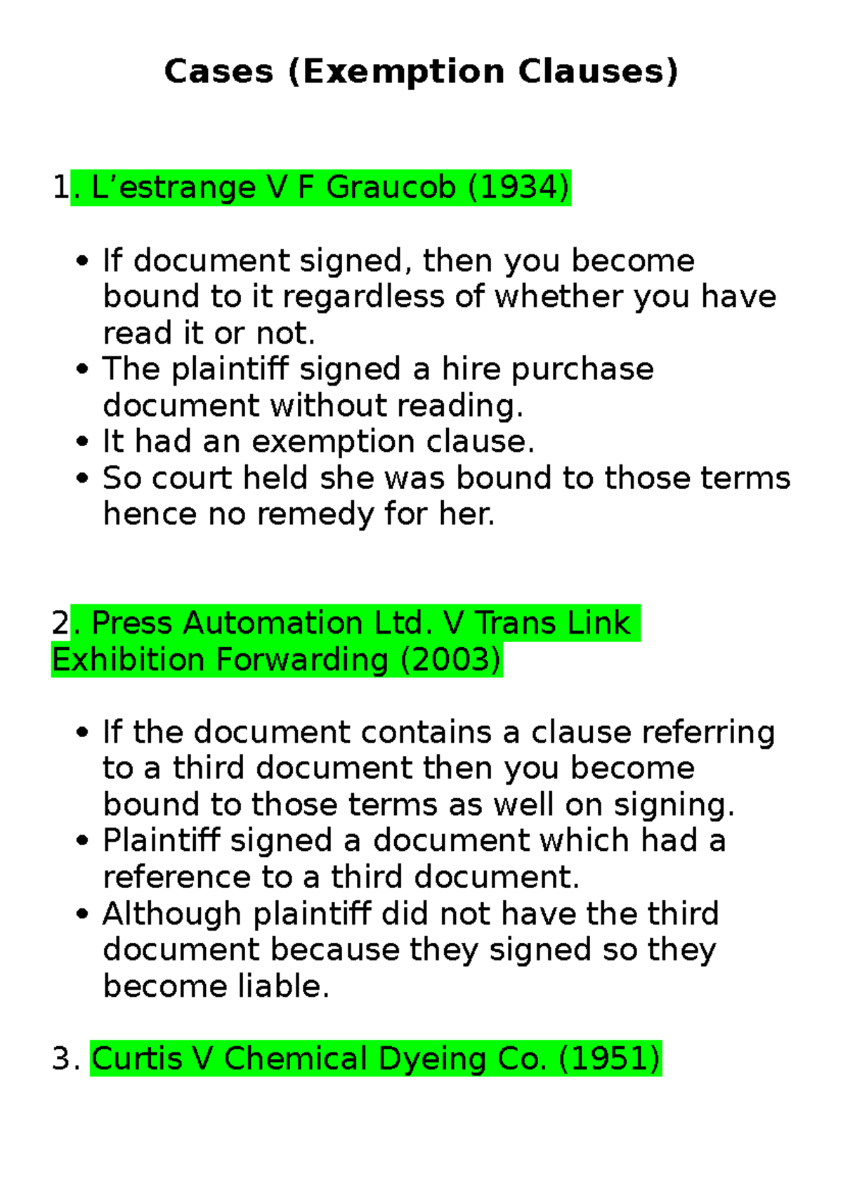 Cases exemption clause - Cases (Exemption Clauses) L’estrange V F ...