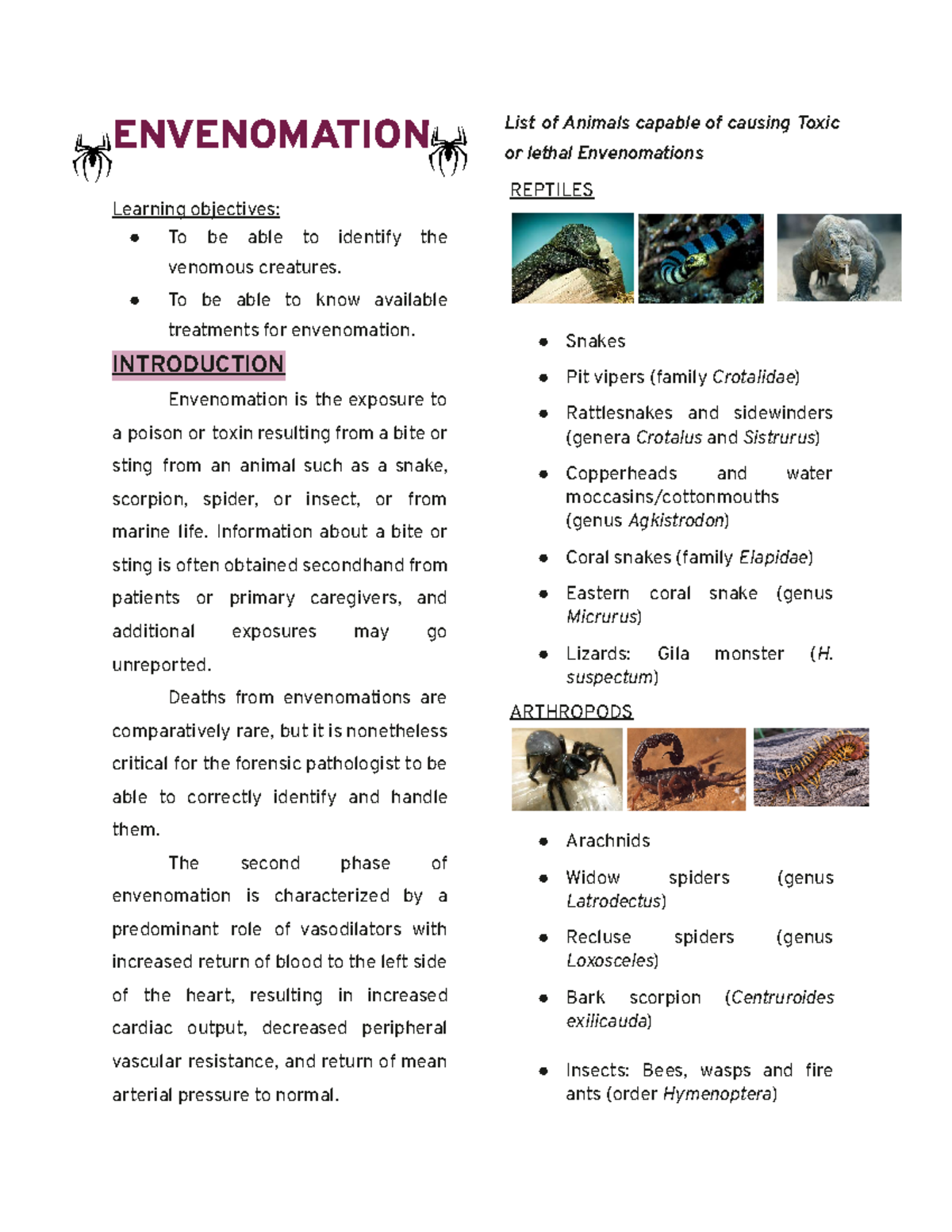 Envenomation - handout - ENVENOMATION Learning objectives: To be able ...