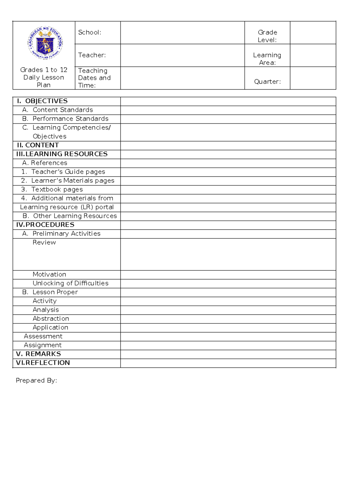 Lesson-PLAN- Blank - Grades 1 to 12 Daily Lesson Plan School: Grade ...