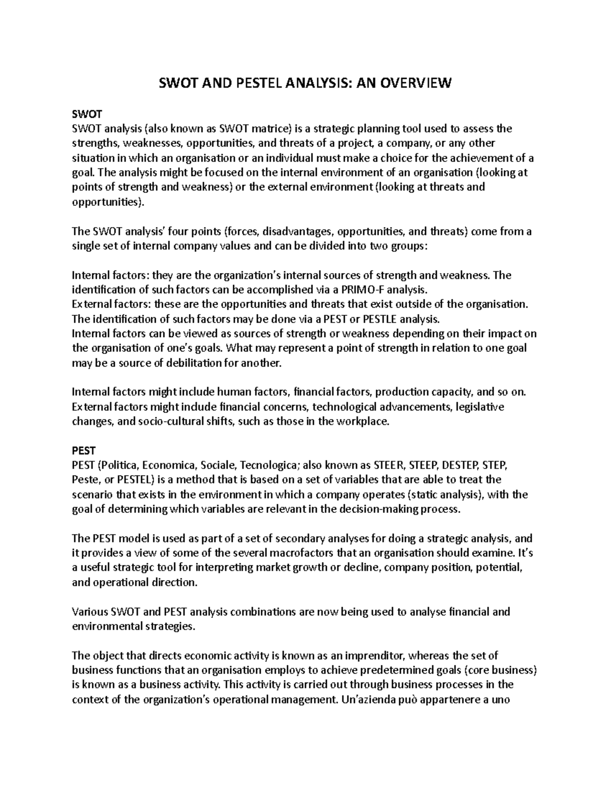 SWOT analysis and Pestel analysis: an Overview - SWOT AND PESTEL ...