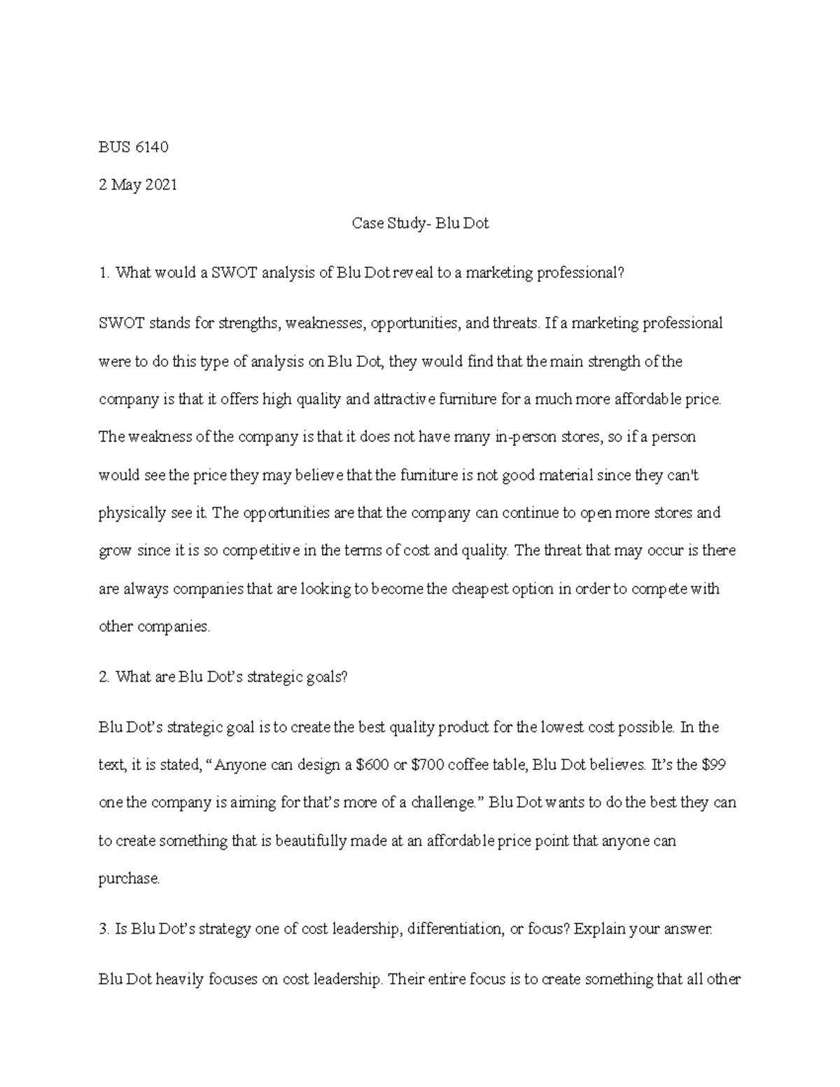 Case Study-Blu Dot - Course Study on Blue Dot based on the information ...