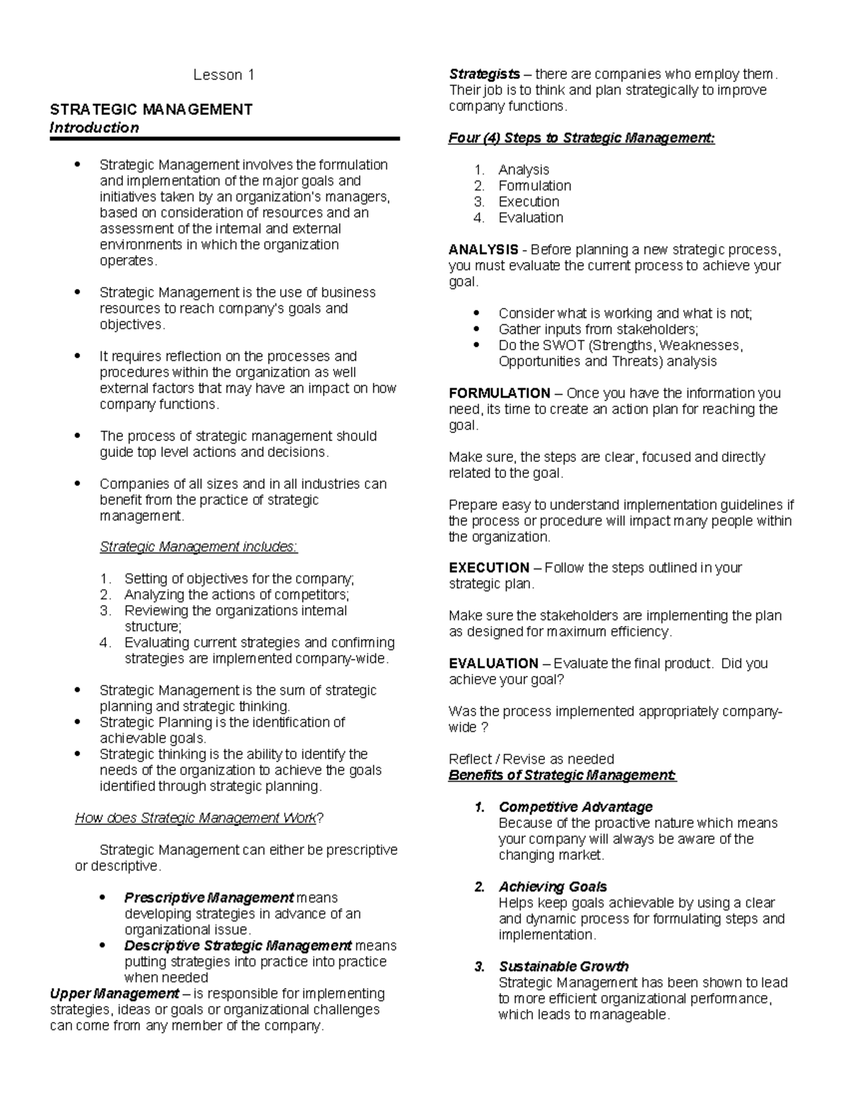 Lesson 1 Strategic Management - Lesson 1 STRATEGIC MANAGEMENT ...