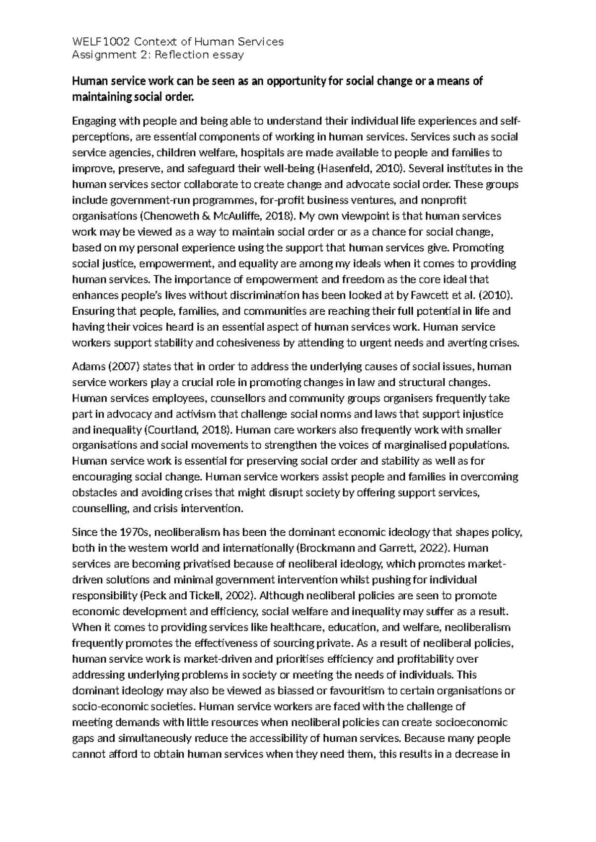 Assignment 2 - Reflection Essay - WELF1002 Context of Human Services ...