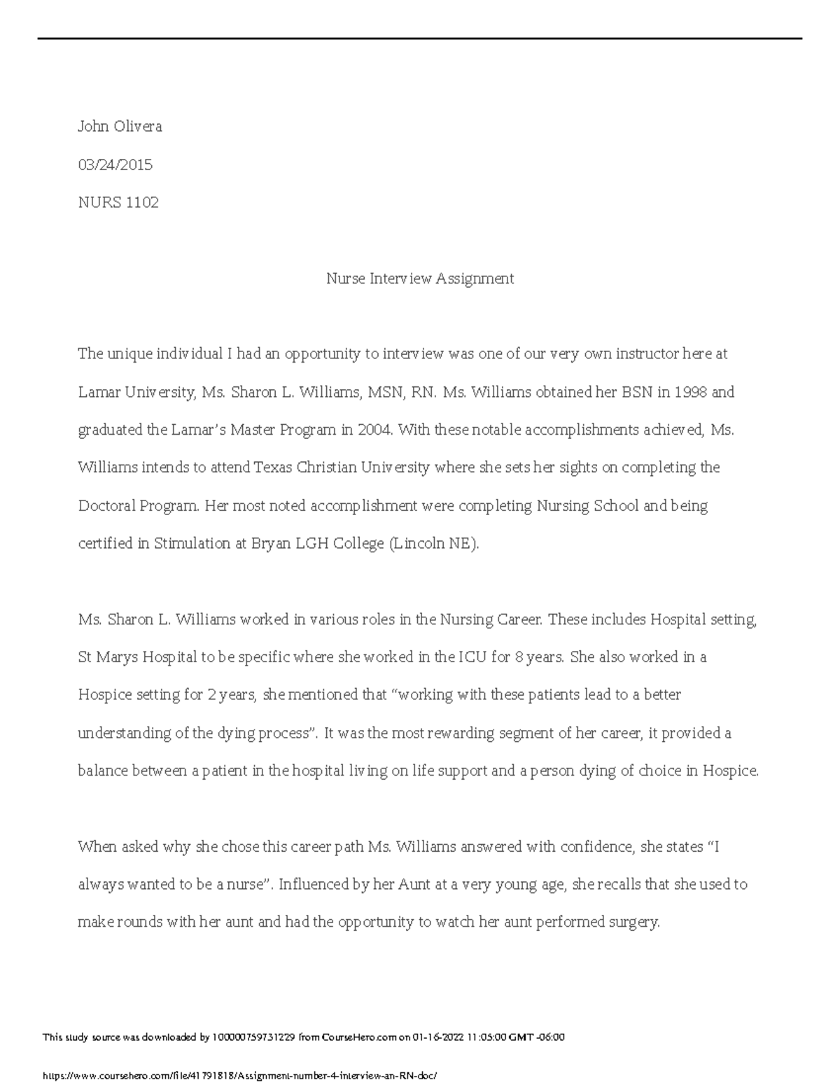 Assignment number 4 interview an RN - John Olivera 03/24/ NURS 1102 ...