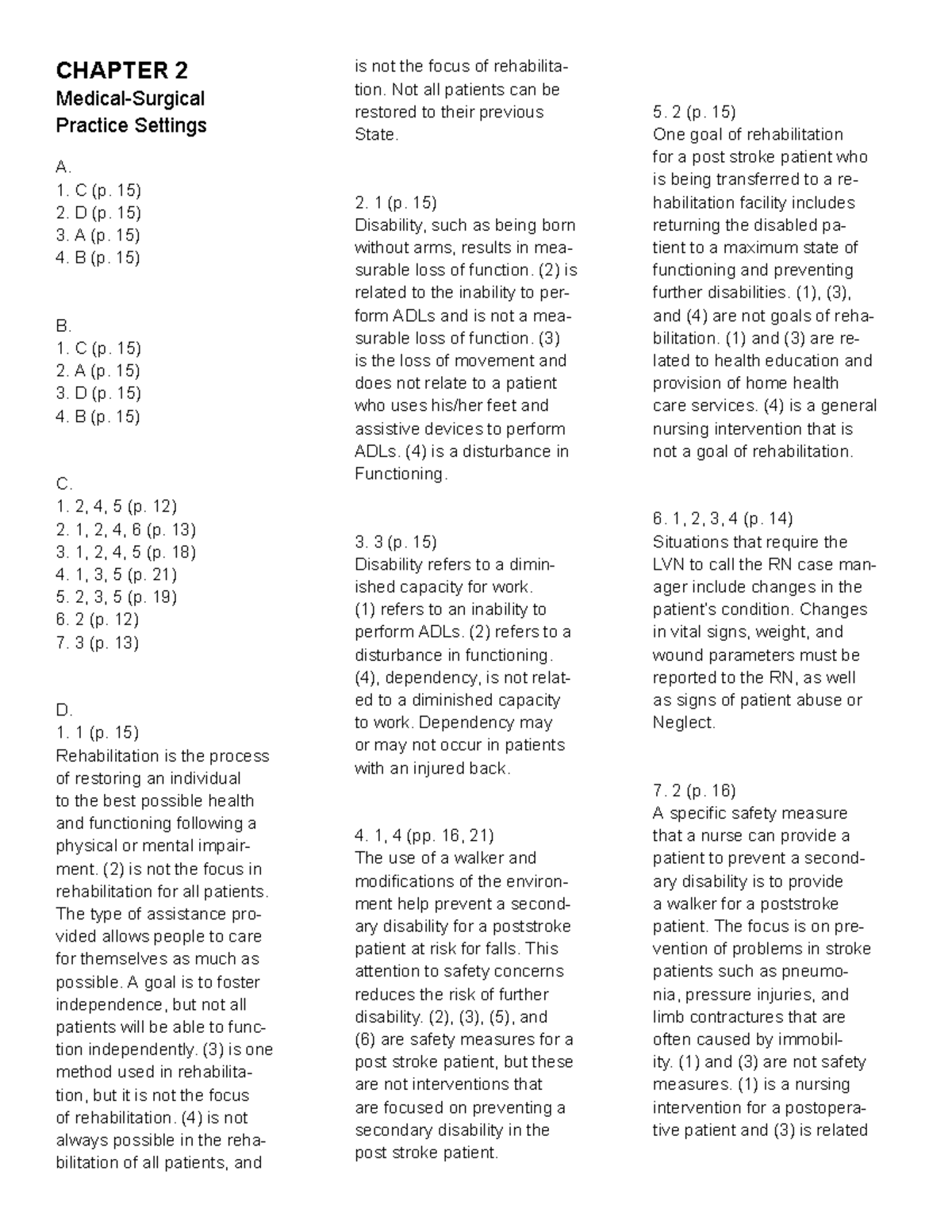 Ch2 Study Guide KEY - CHAPTER 2 Medical-Surgical Practice Settings A. 1. C (p. 15) 2. D (p. 15 ...