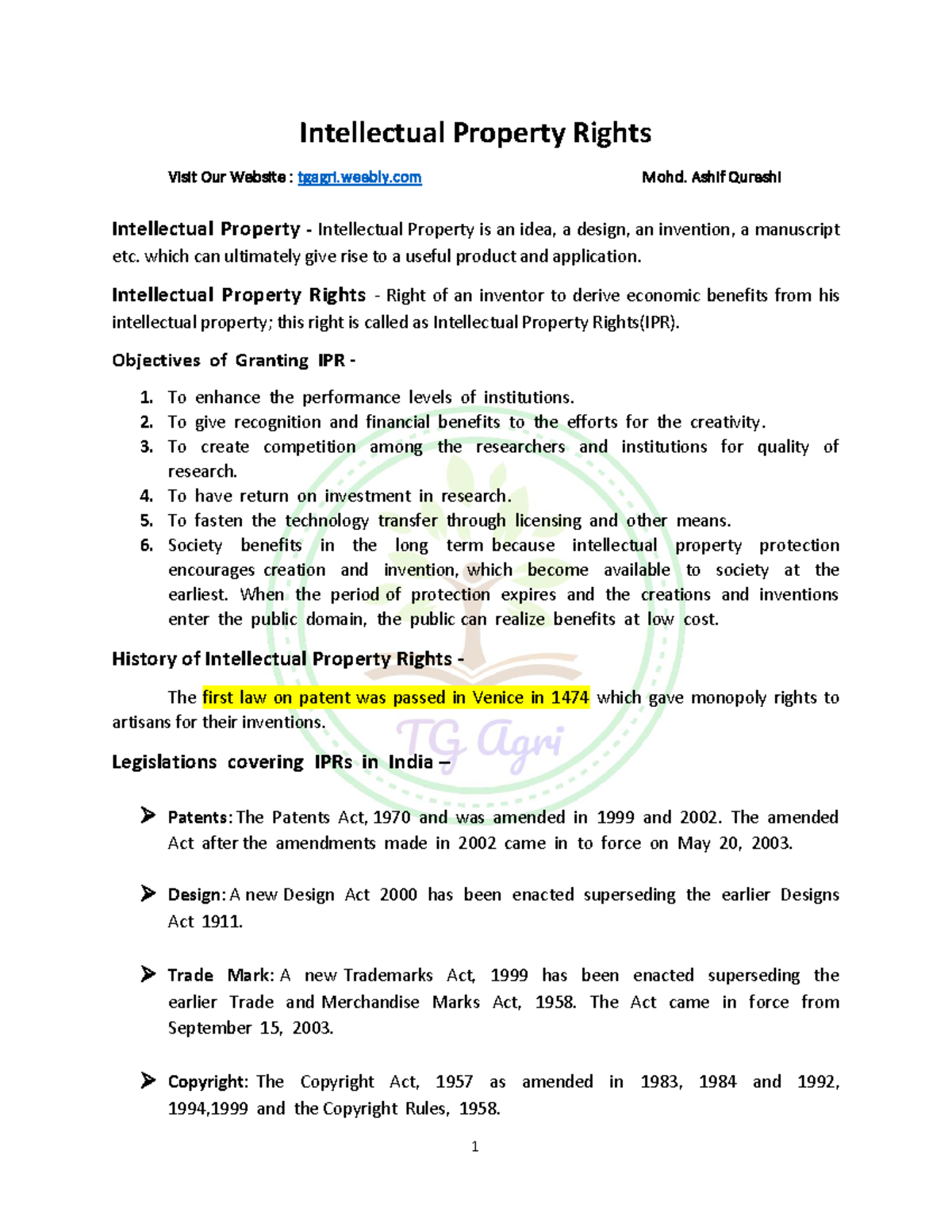 Ipr 1 - Notes - Intellectual Property Rights Visit Our Website : tgagri ...