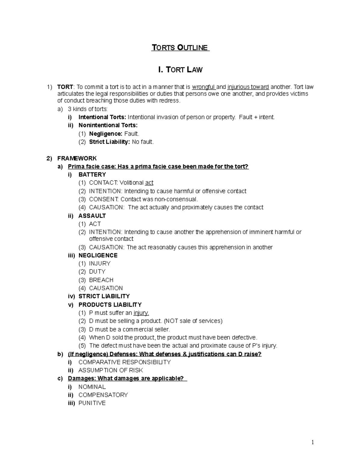 Torts Wyman Spring 2008 - TORTS OUTLINE I. TORT LAW TORT: To commit a ...
