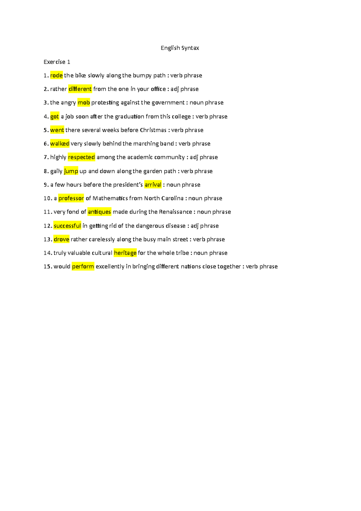 Exercise 1 - English Syntax - English Syntax Exercise 1 rode the bike ...