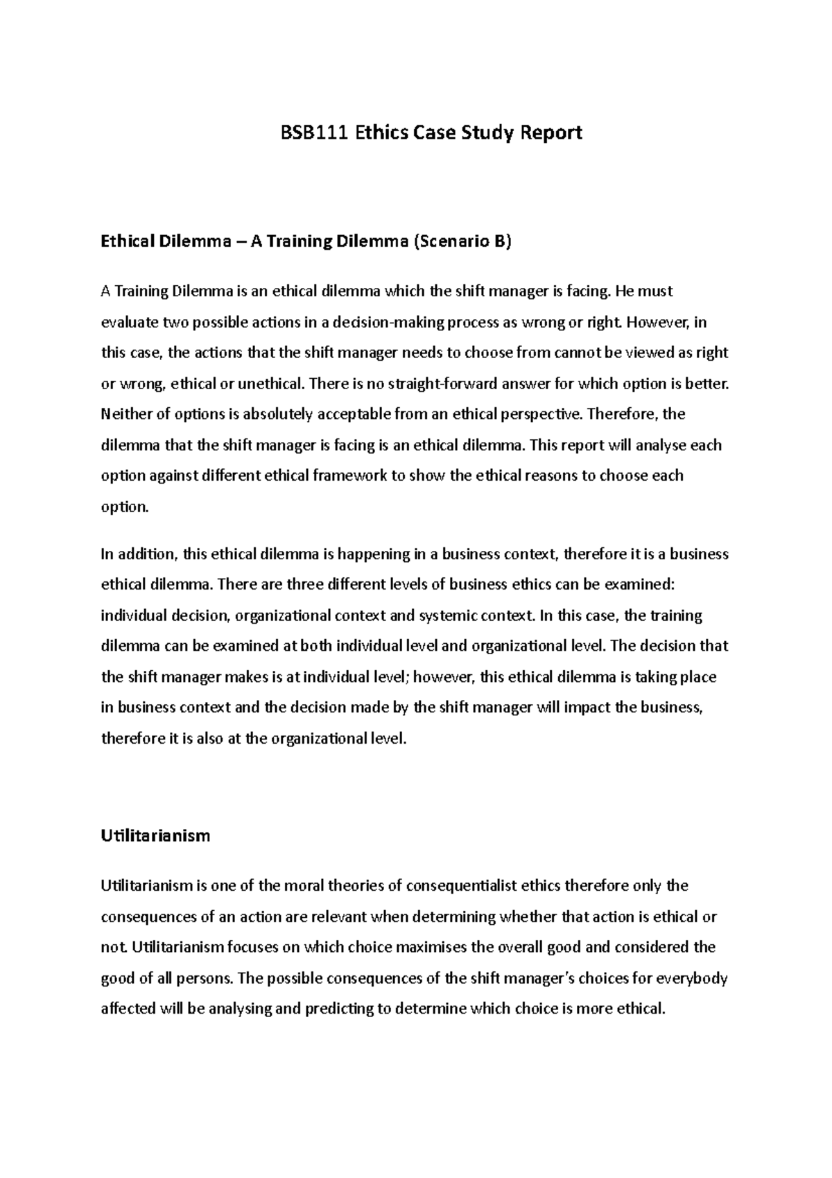 BSB111 Ethics Case Study Report - BSB111 Ethics Case Study Report ...