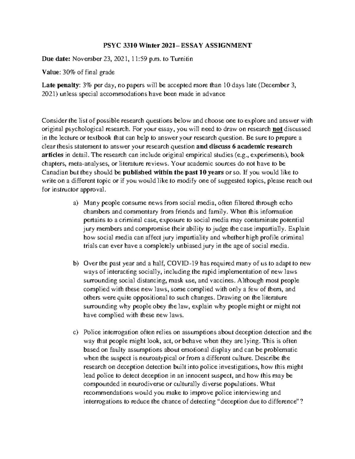 PSYC 3310 Fall 2021 Essay Assignment - PSYC 3310 Winter 2021– ESSAY ASSIGNMENT Due date ...
