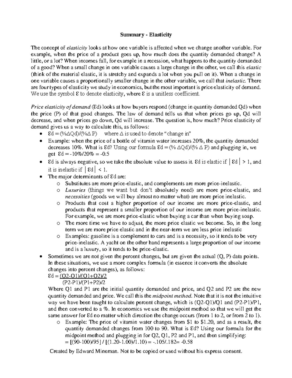 Summary - Elasticity-1 - Created by Edward Mineman. Not to be copied or ...
