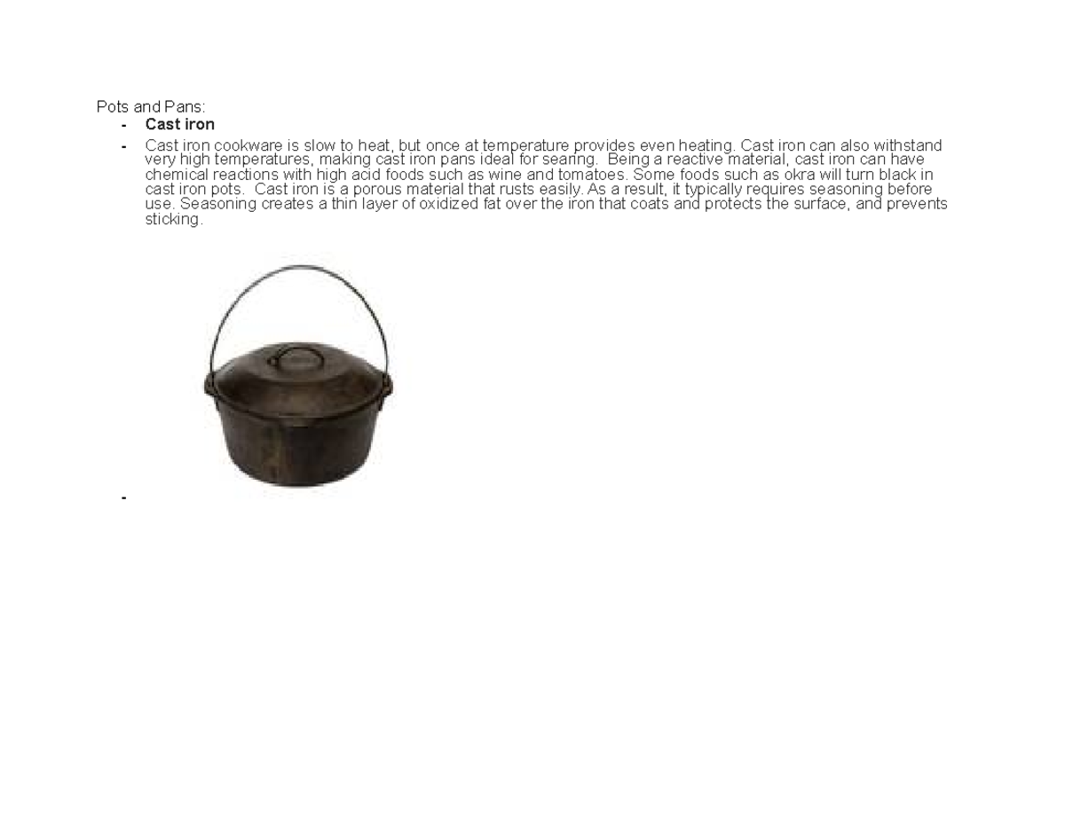 Pots and pans lecture notes - Pots and Pans: Cast iron Cast iron ...