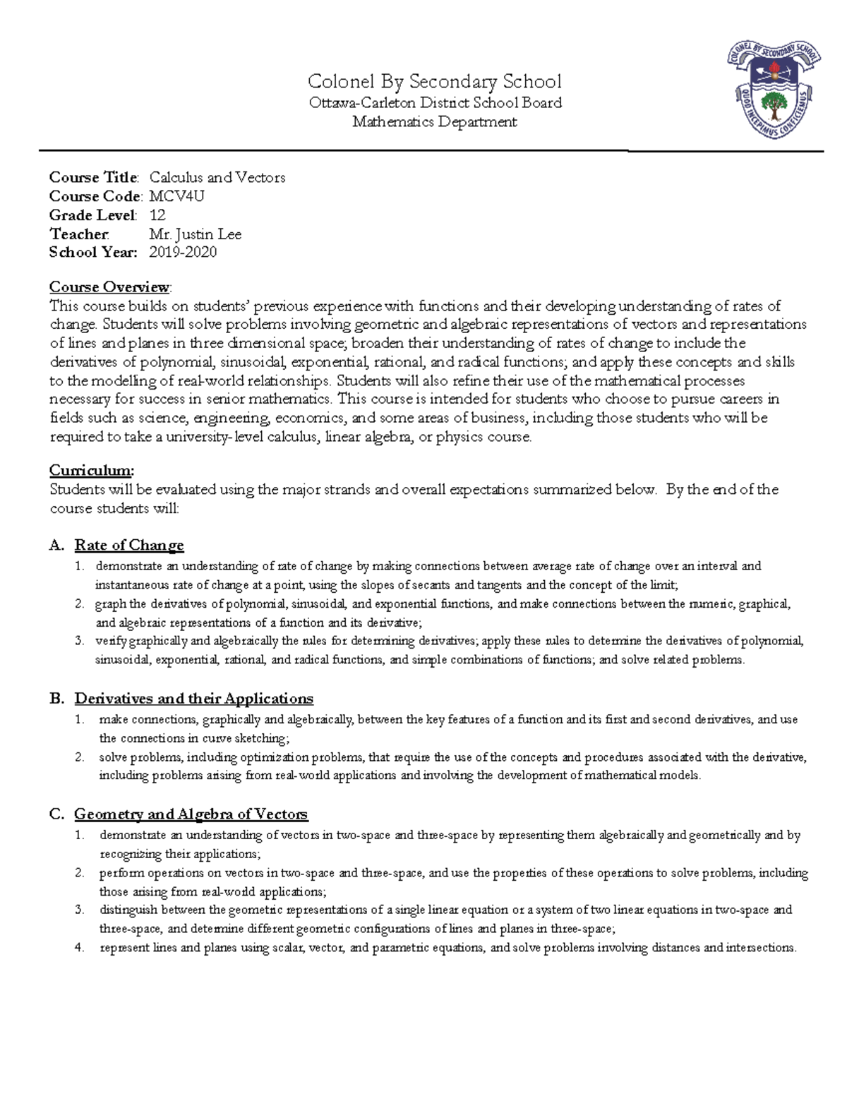 Course Outline - MCV4U - 2019-20 - Colonel By Secondary School Ottawa ...