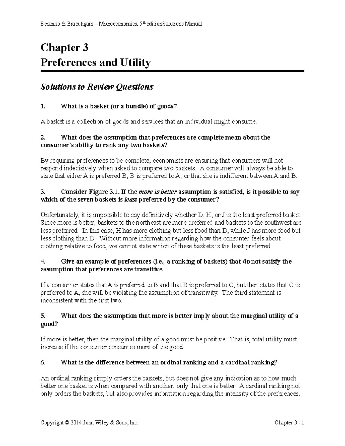 Ch03 - summary and sample questions - Chapter 3 Preferences and Utility Solutions to Review ...