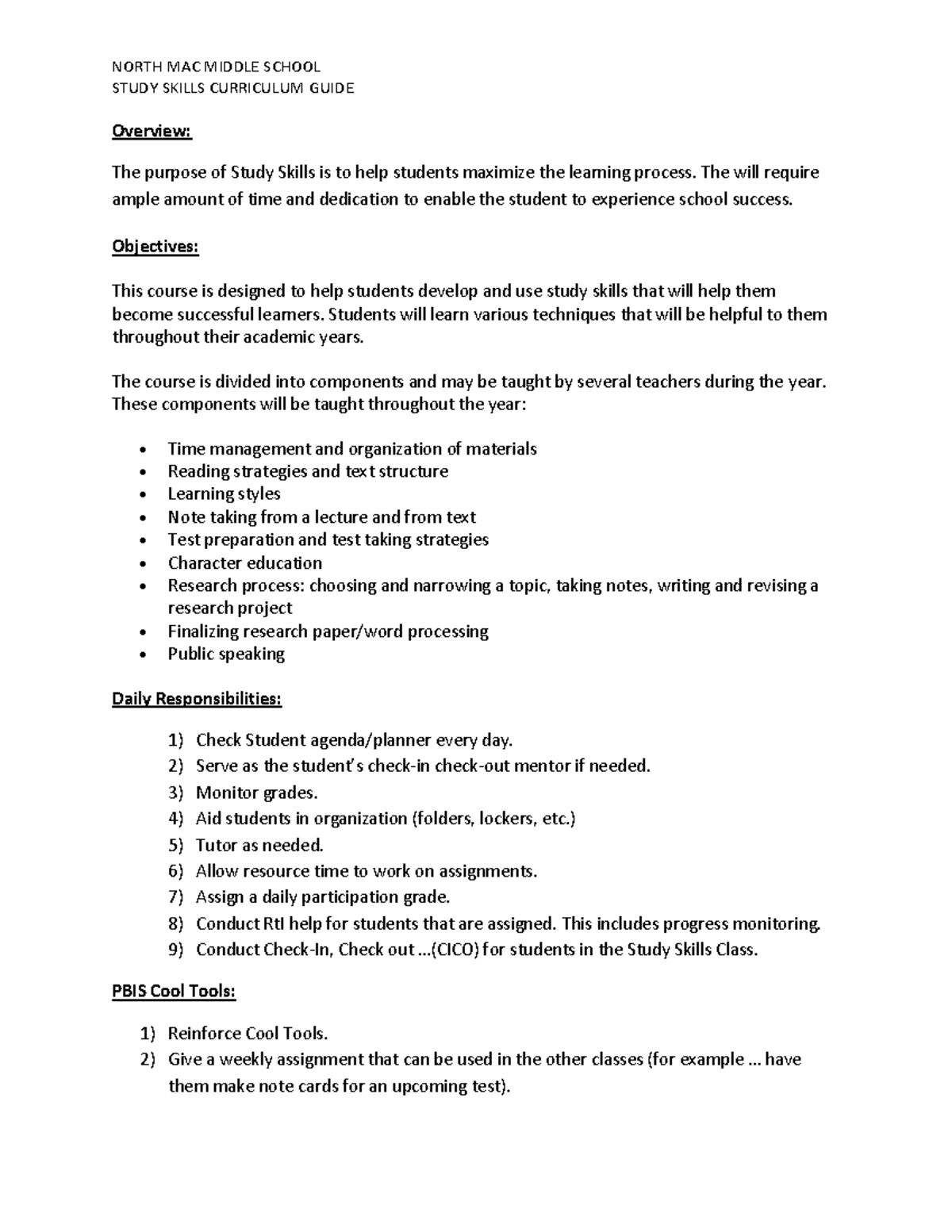 6th - 8th Study Skills - STUDY SKILLS CURRICULUM GUIDE Overview: The ...