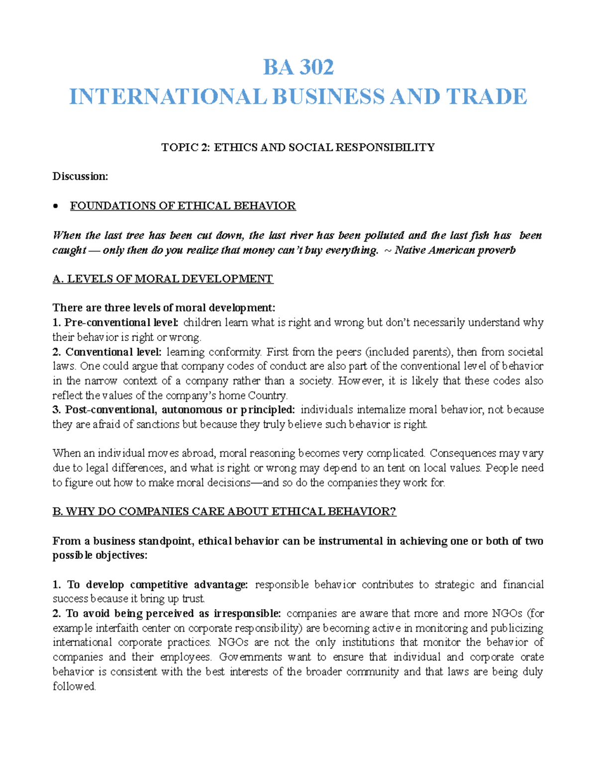 TP.BA302 - Handouts, Lecture notes - BA 302 INTERNATIONAL BUSINESS AND ...