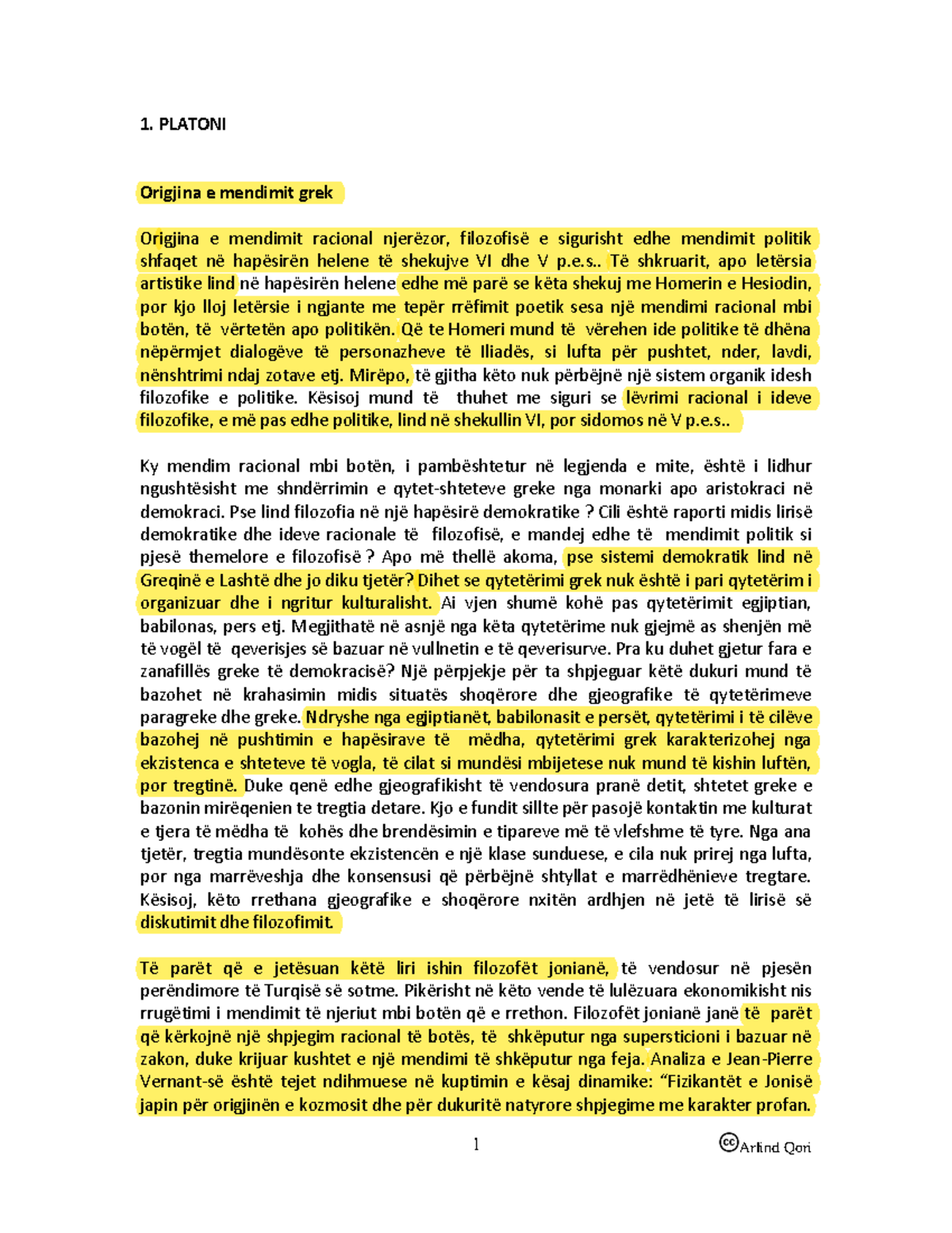 1. Platoni (per studentet) - 1. PLATONI Origjina e mendimit grek ...