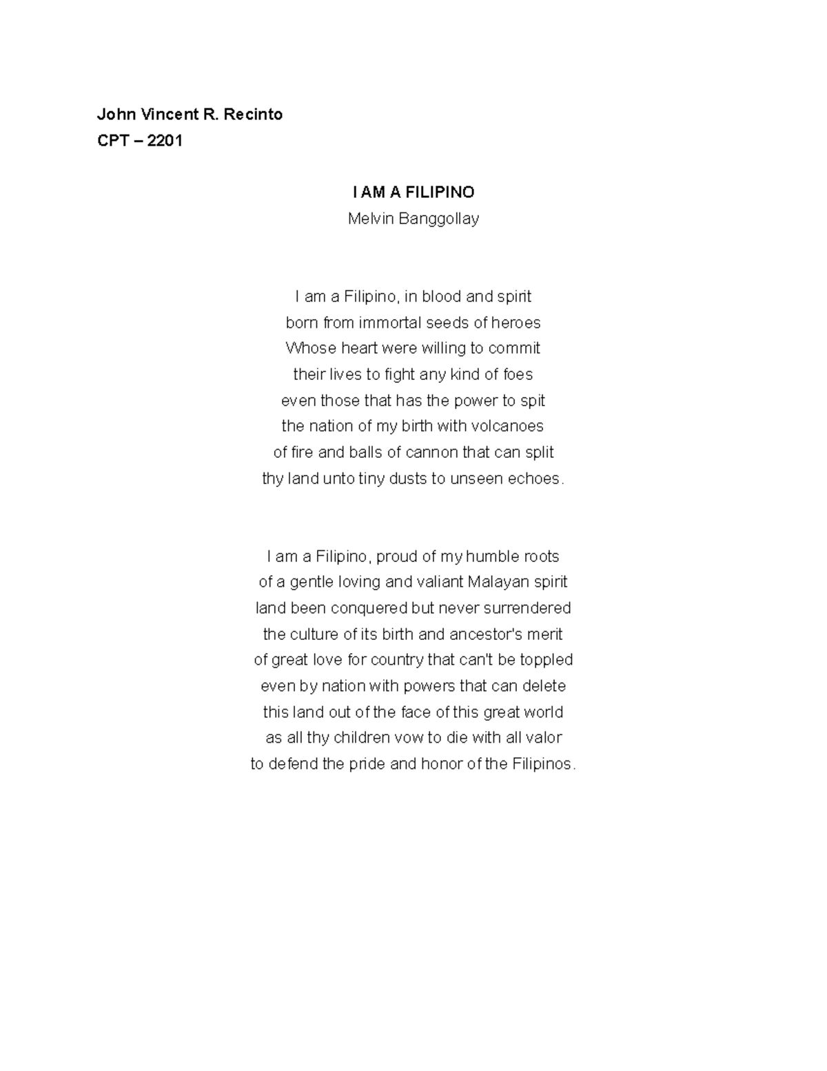 Meaningful English Poem Translation - John Vincent R. Recinto CPT ...