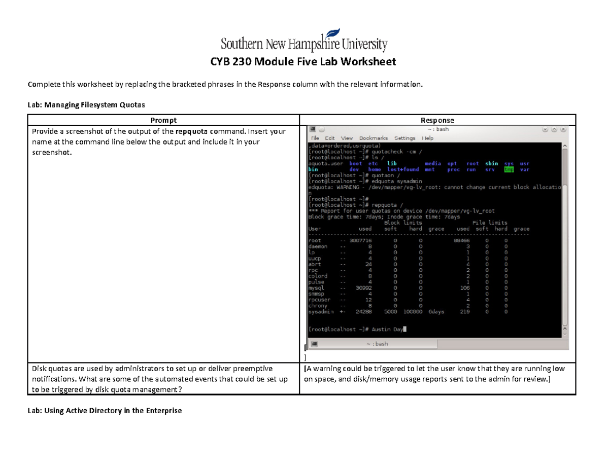 CYB 230 Module Five Lab Worksheet - CYB 230 Module Five Lab Worksheet Complete this worksheet by ...