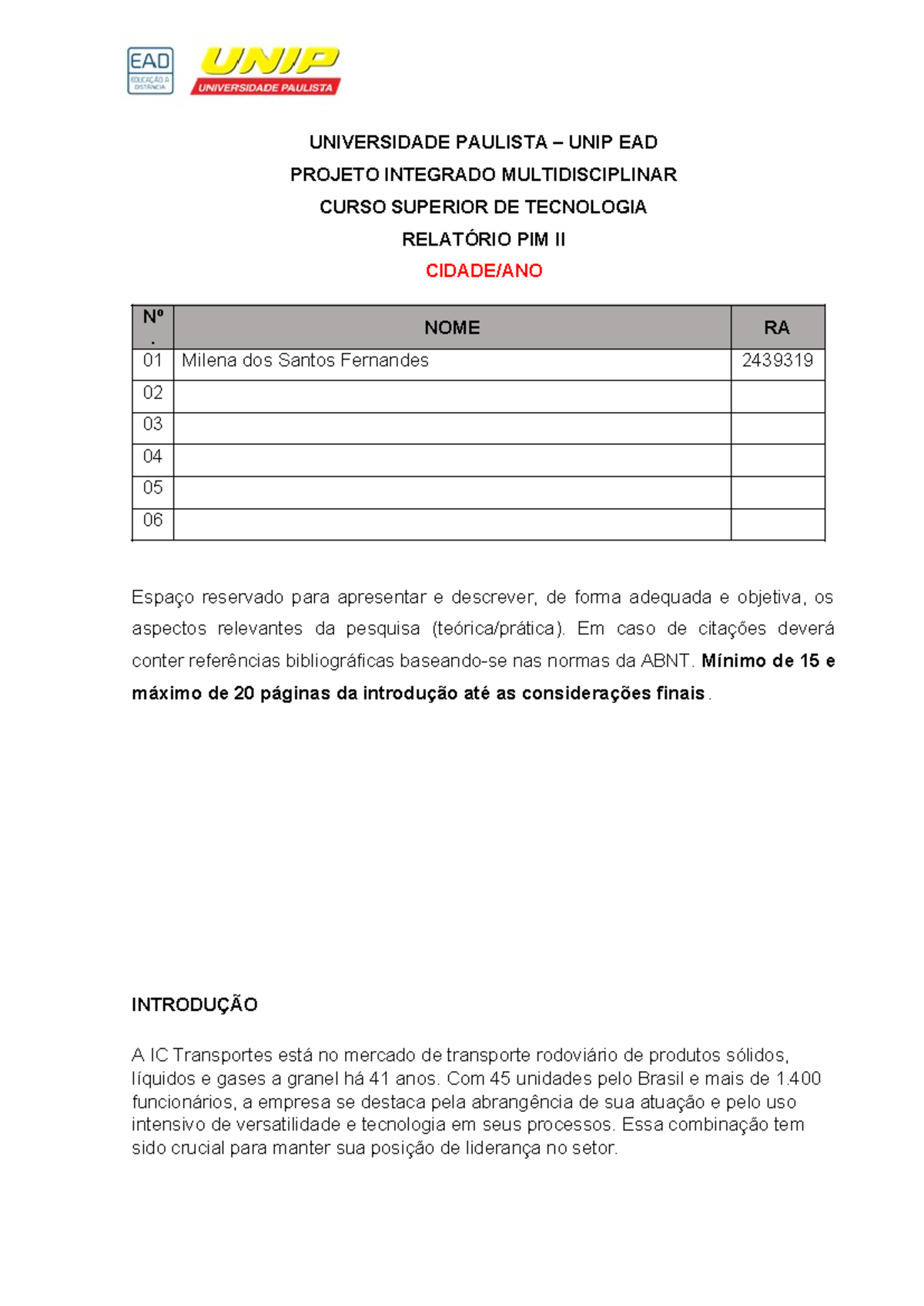 Relatório - Entrega PIM II - UNIVERSIDADE PAULISTA – UNIP EAD PROJETO ...