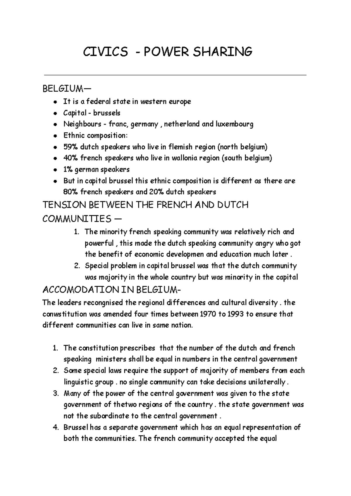 Civics - Power Sharing - notes - CIVICS - POWER SHARING BELGIUM— It is ...