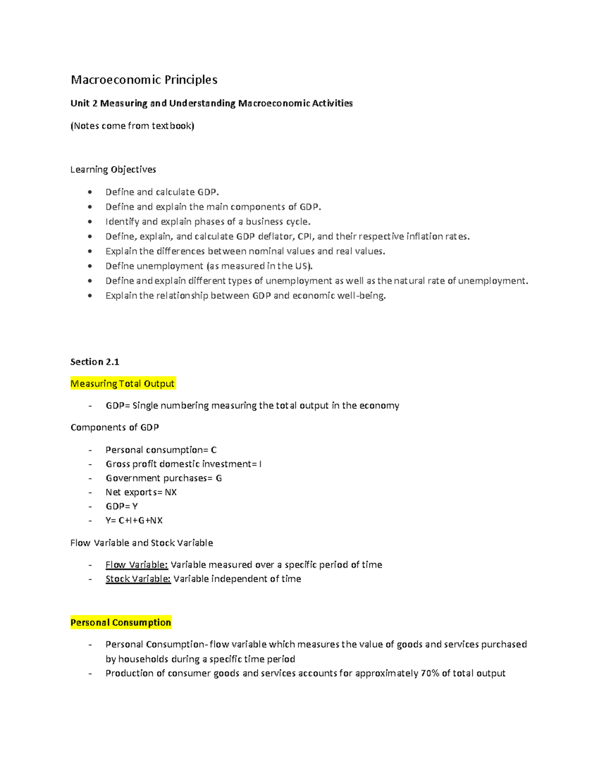Macro Principles Unit 2 - Macroeconomic Principles Unit 2 Measuring and ...
