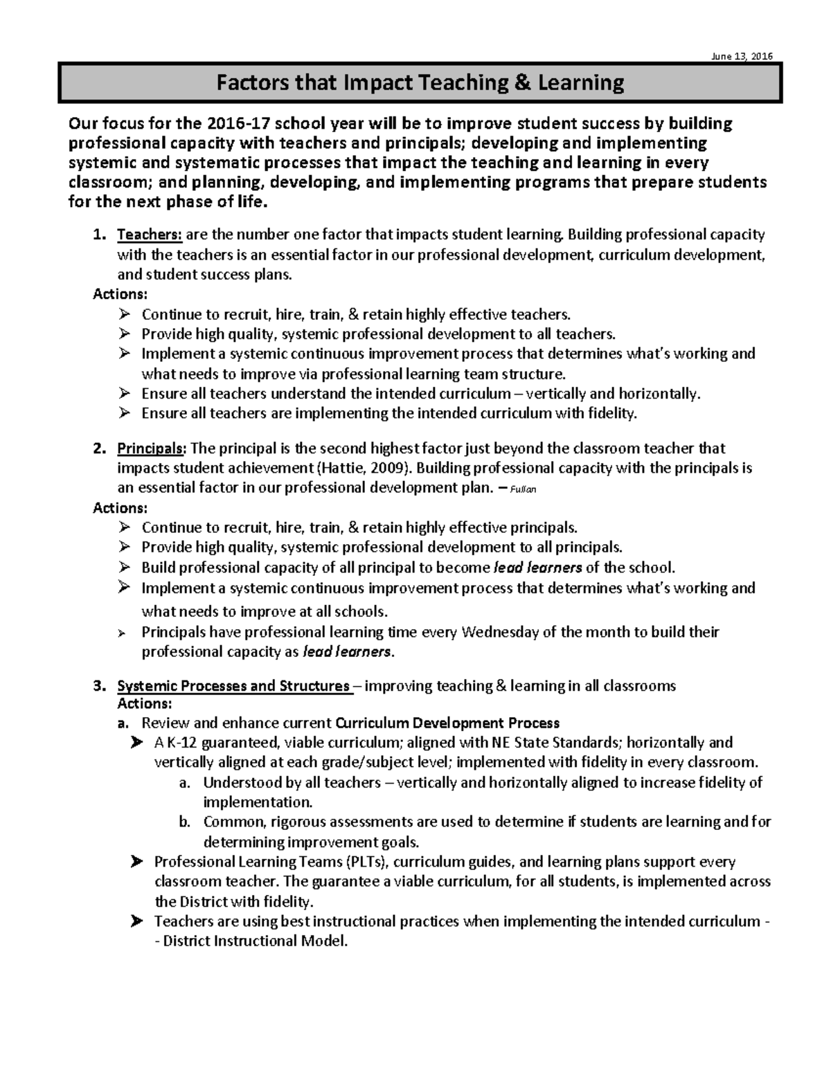 Factors Impact Teaching Learning Focus 16 17 - June 13, 2016 Factors ...
