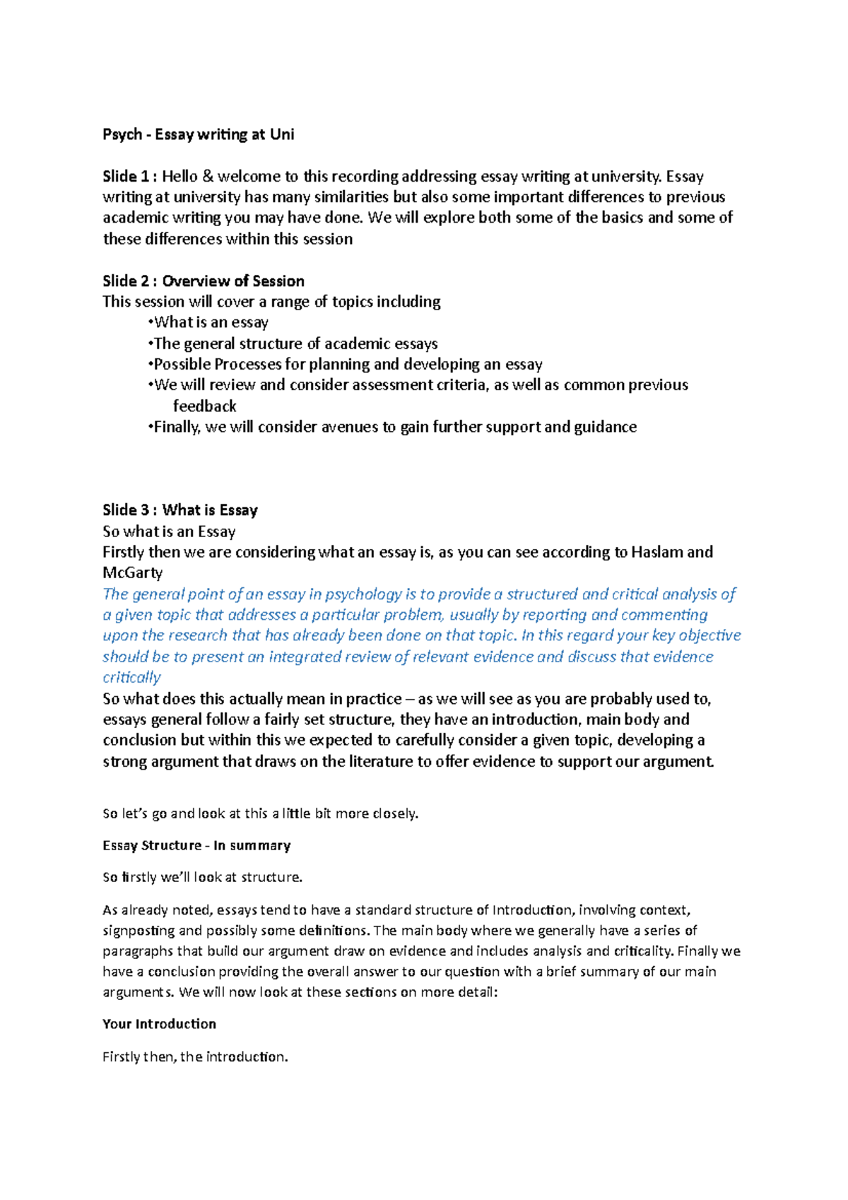 Script for Pre-Workshop Video - Psych - Essay writing at Uni Slide 1 ...