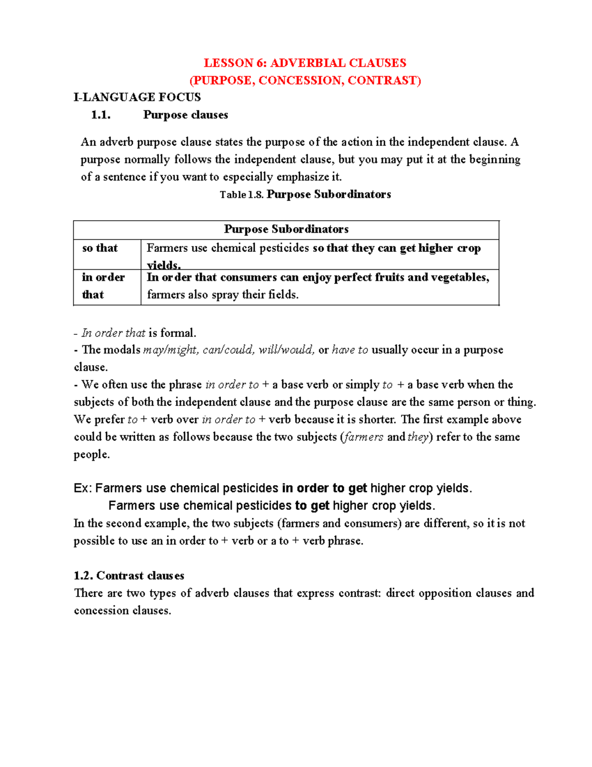 Writing LV2- Lesson 6- KEY - LESSON 6: ADVERBIAL CLAUSES (PURPOSE ...