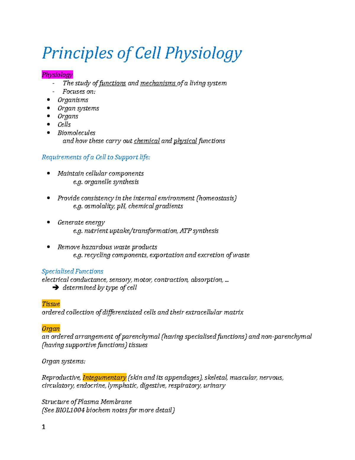 MEDN2001 Full Course Notes - Principles of Cell Physiology Physiology ...
