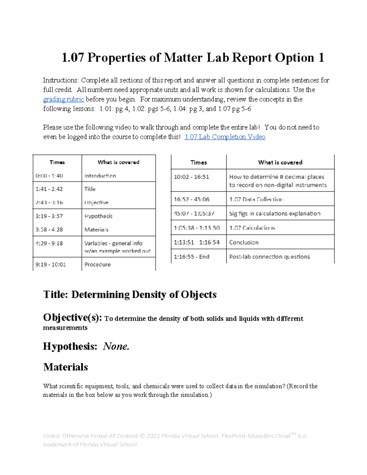 1.07 Properties of Matter Lab - All numbers need appropriate units and ...