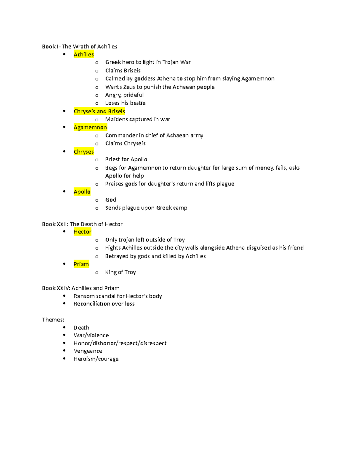 The Illiad - plot and theme notes - Book I- The Wrath of Achilles ...