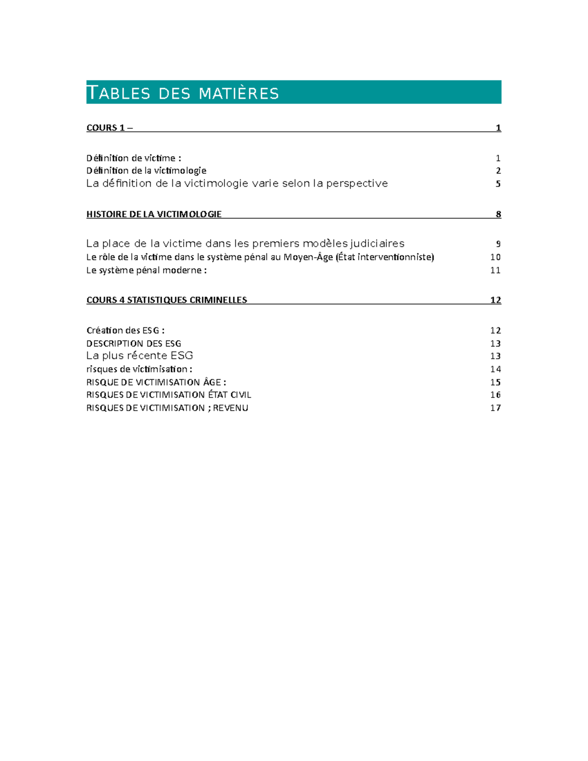 Victimologie 1730 - TABLES DES MATIÈRES COURS 1 – Définition de victime ...