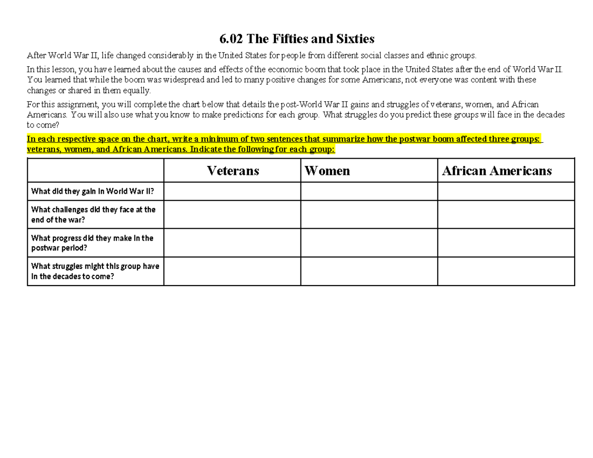 602 The 50s and 60s Assignment - 6 2 The Fifties and Sixties After ...