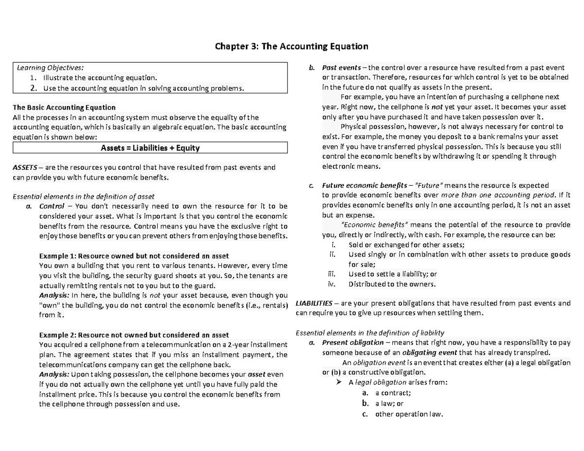Accounting Equation - Chapter 3: The Accounting Equation Learning ...
