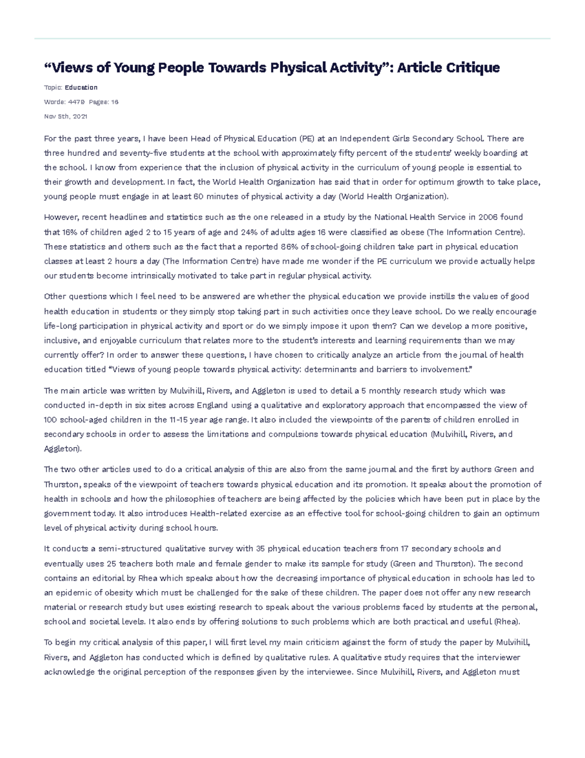 "Views of Young People Towards Physical Activity"- Article Critique ...