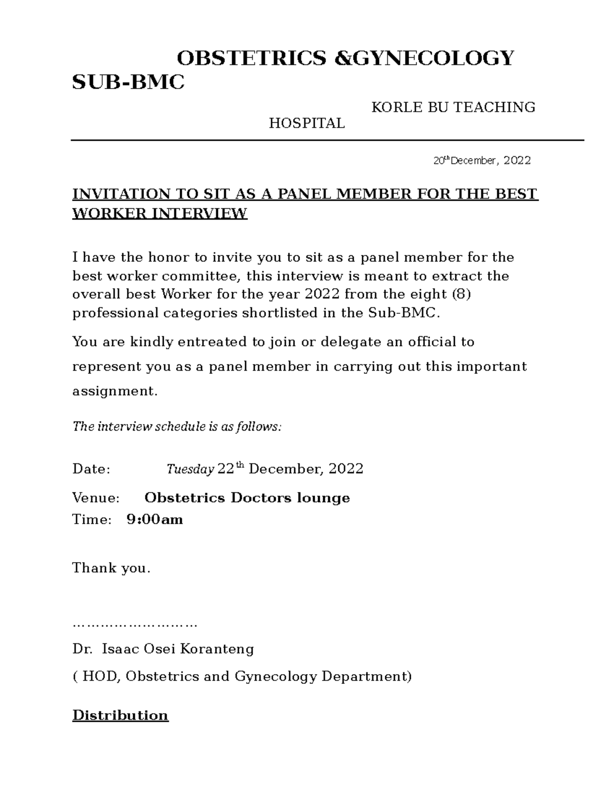 BWC interview invitation letter 2022 - OBSTETRICS &GYNECOLOGY SUB-BMC ...