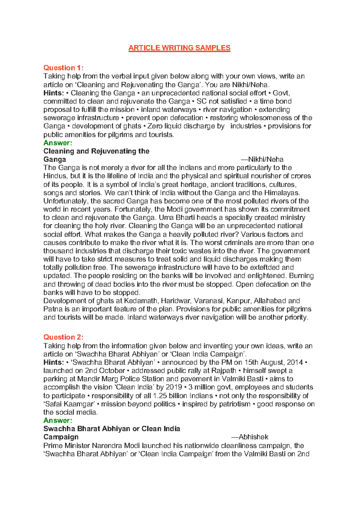 Article- Writing- Samples - ARTICLE WRITING SAMPLES Question 1: Taking ...