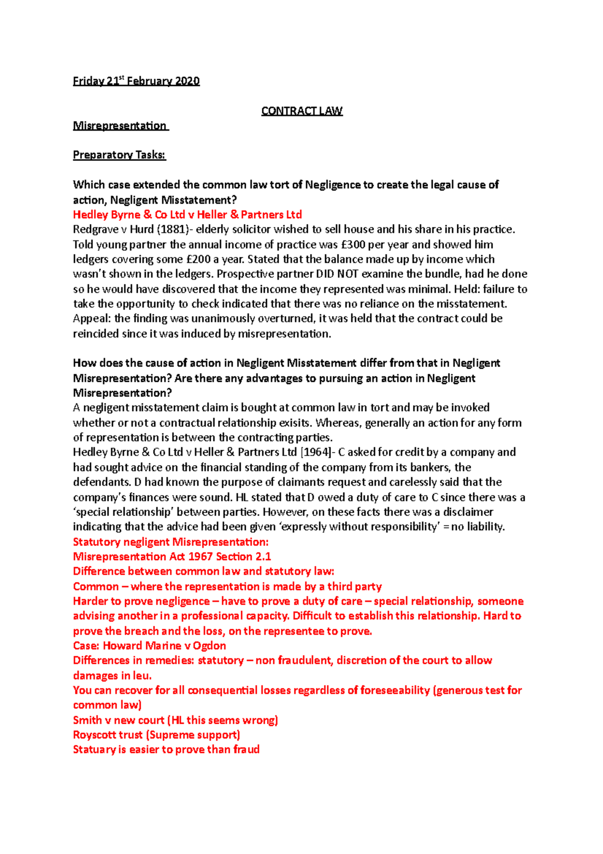 Contract - Misrepresentation - Friday 21 st February 2020 CONTRACT LAW ...