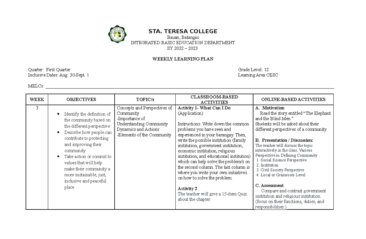 WLP CESC Week 3- Concepts and Perspectives - STA. TERESA COLLEGE Bauan ...