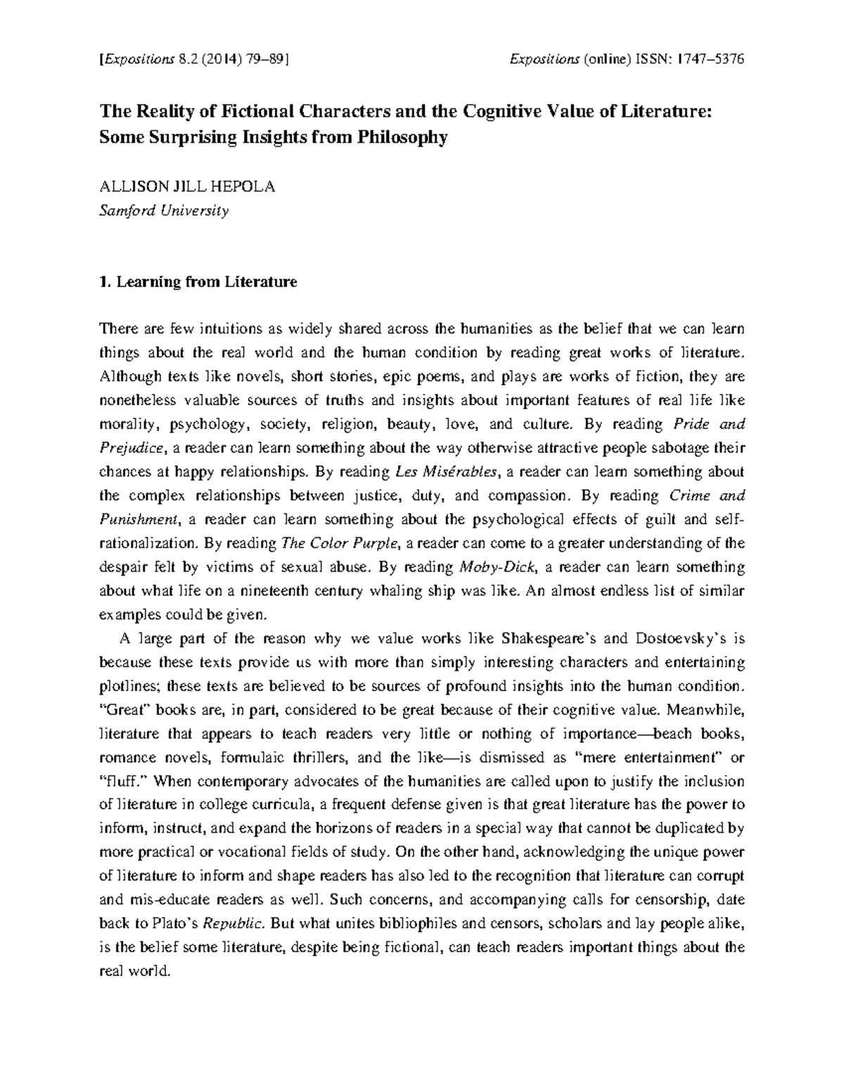 The Reality of Fictional Characters and the Cognitive Value of ...