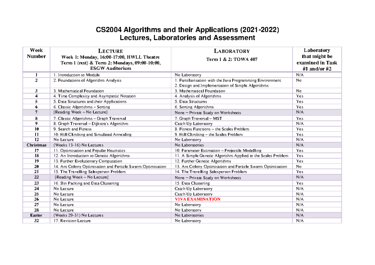 Cs2004 Algorithms And Their Applications Schedule [provisional] 2021 2022 Cs2004 Algorithms
