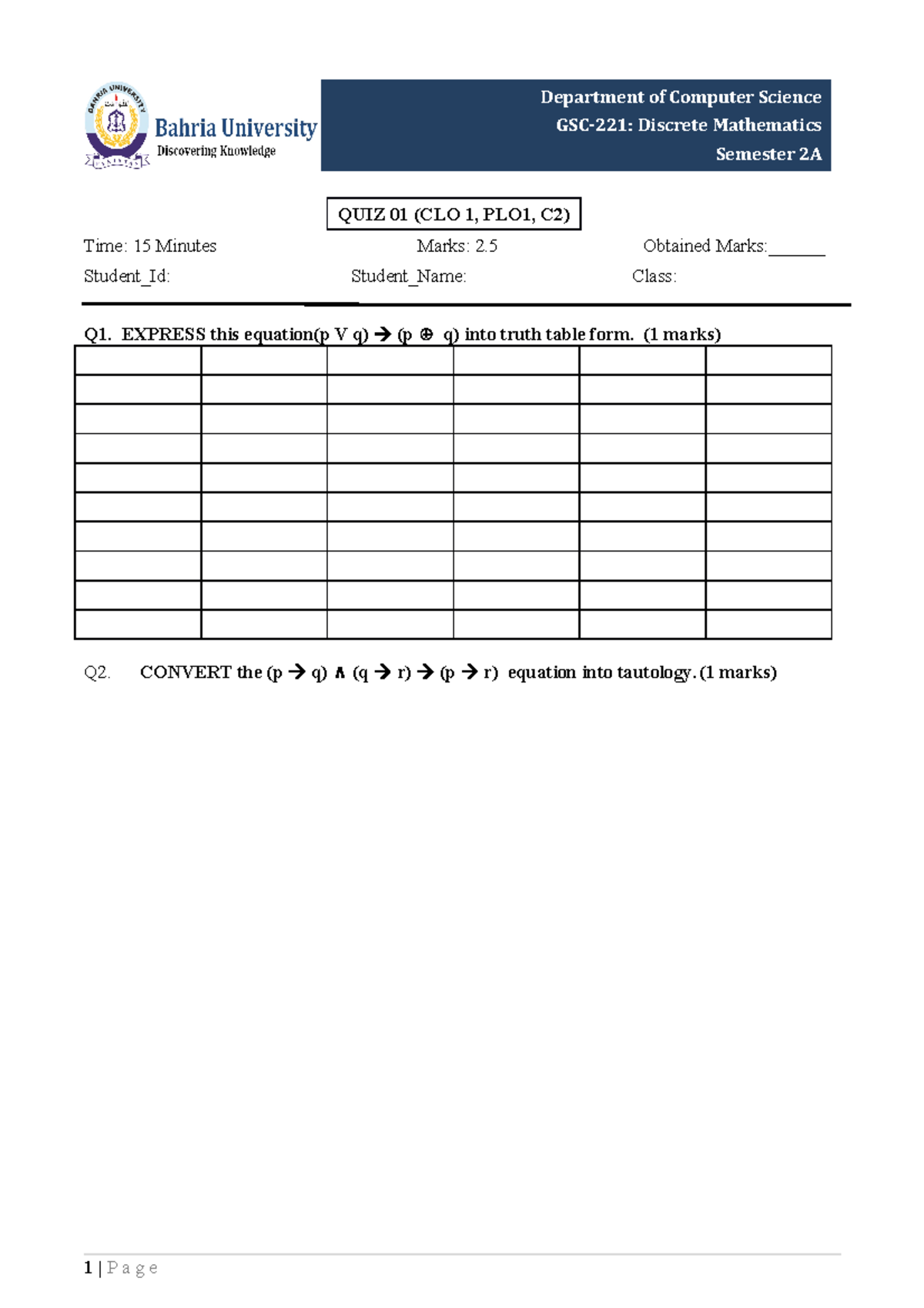 Quiz01 BS CS 2A DM F21 A 06042022 113837 am - Department of Computer Science GSC-221: Discrete ...