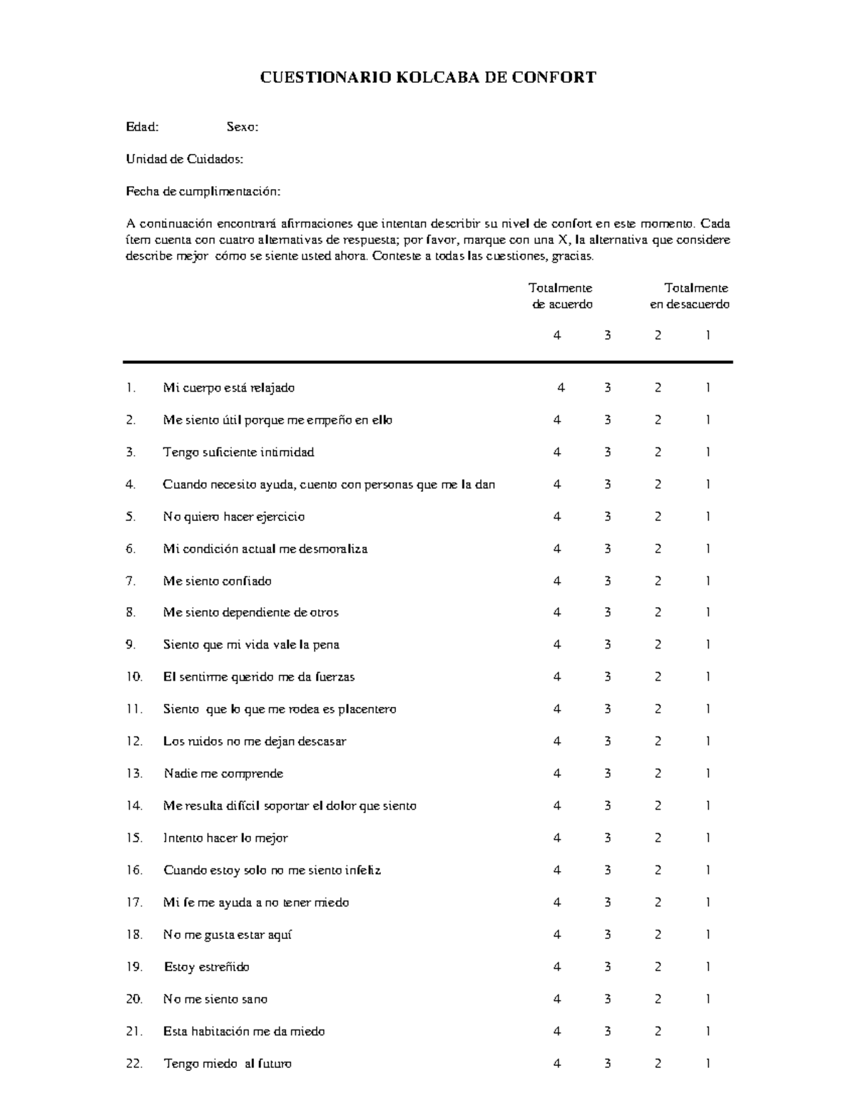 330001260 General Comfort Questionnaire Spanish - CUESTIONARIO KOLCABA ...
