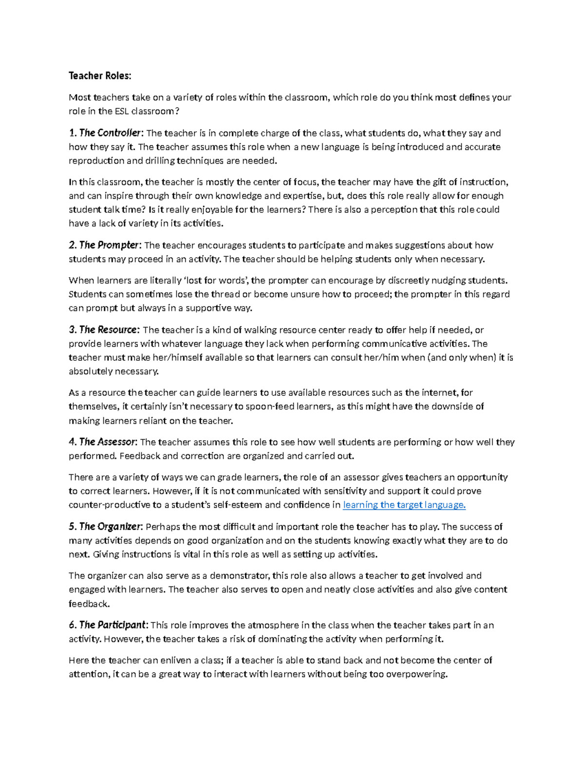 Teacher-Roles - A class notes - Teacher Roles: Most teachers take on a ...