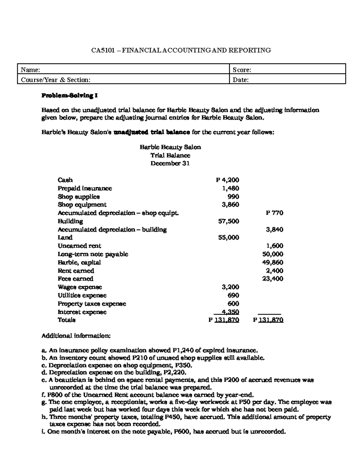 Worksheet 2021 - CA5101 – FINANCIAL ACCOUNTING AND REPORTING Name ...
